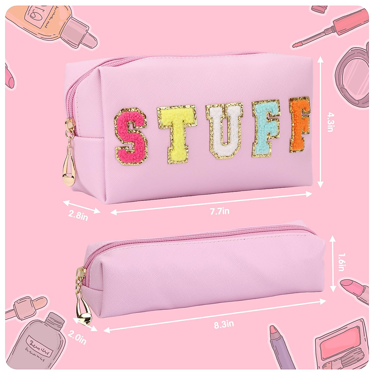 Fixwal 2pcs Stuff Bag, Preppy Makeup Bag, Portable Waterproof Purse, Cosmetic Bag with Patches, Stuff Pouch, Makeup Brush Bag, Pink