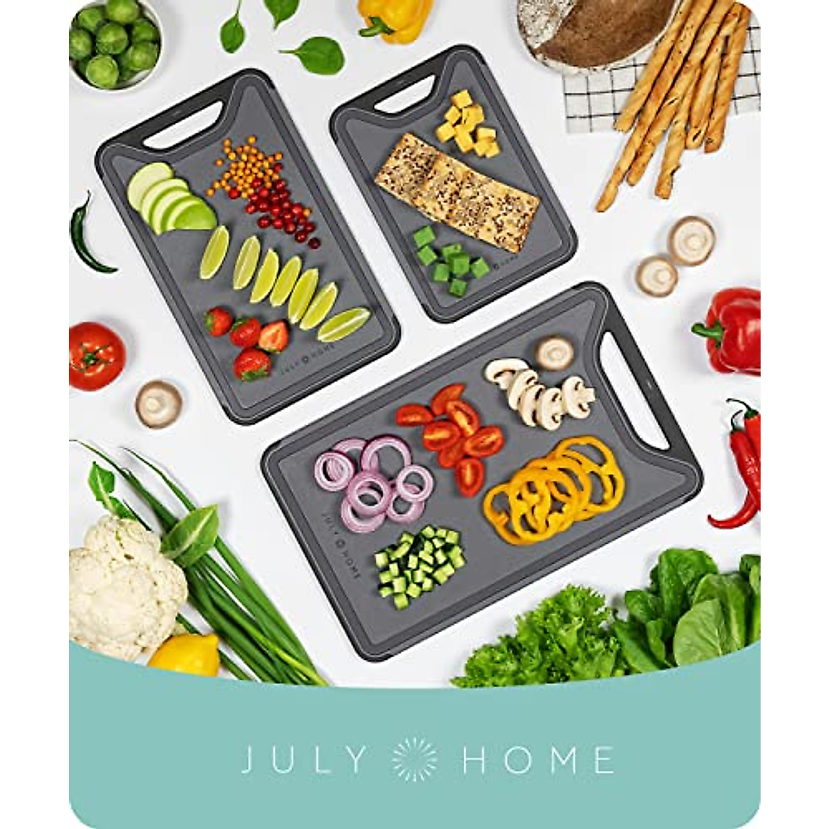 Cutting Boards for Kitchen - Plastic Cutting Board Set of 3, Dishwasher Safe Cutting Boards with Juice Grooves, Thick Chopping Boards for Meat, Veggies, Fruits, Easy Grip Handle, Non-Slip (Black/Gray)