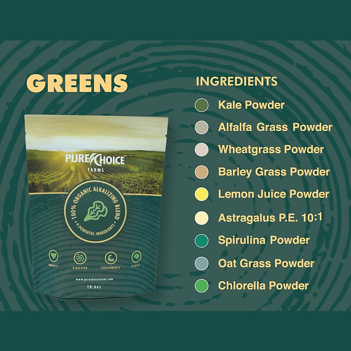 Pure Choice Whey Organic Greens Superfood Powder, USA Grown - Kale, Alfalfa Grass, Wheatgrass, Barley Grass, Astragalus, Spirulina, Oat Grass & Chlorella, USA Grown (10.6 oz, 1 Month Supply)