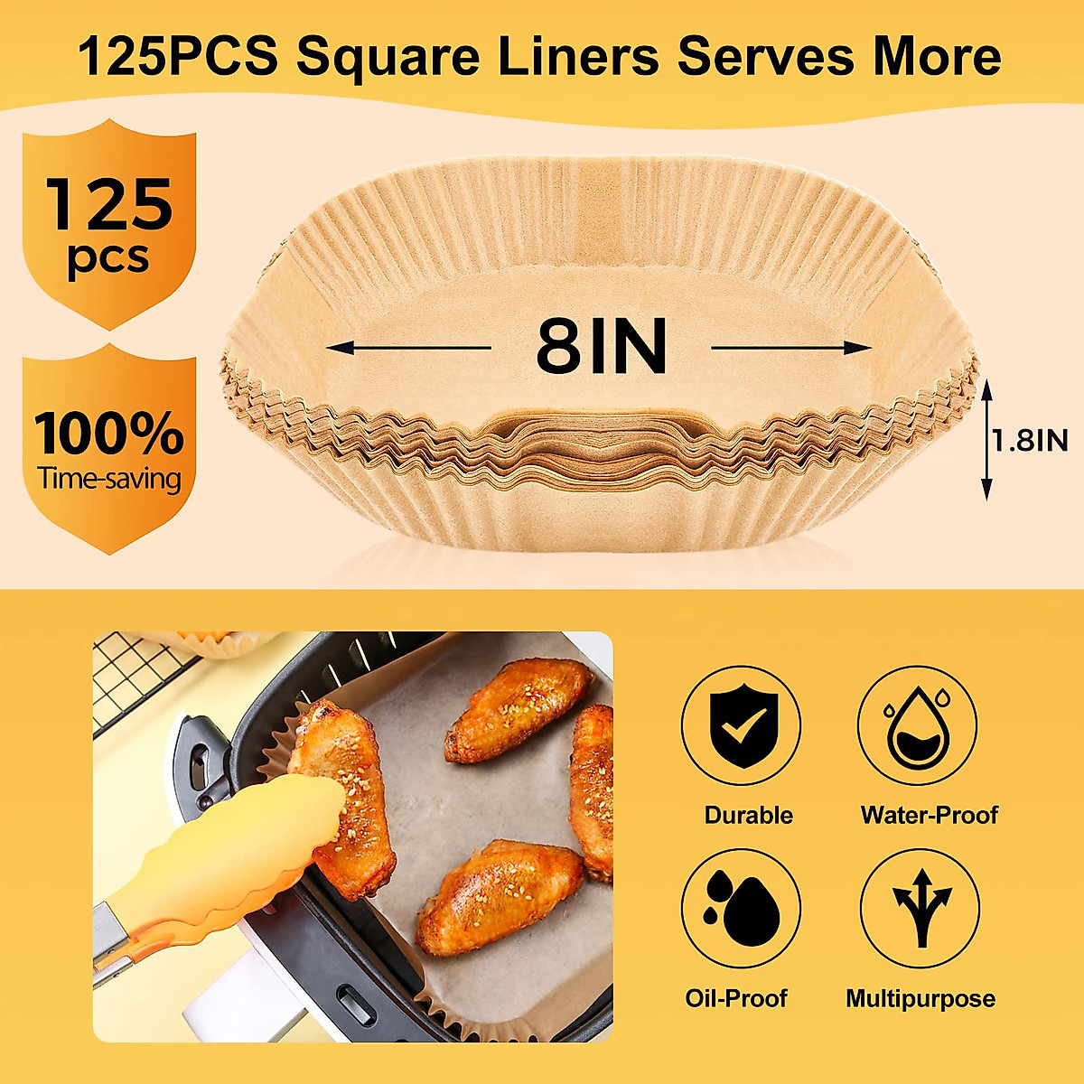 Air Fryer Disposable Paper Liners - 125Pcs 8In Square Parchment Paper Non-Stick Airfryer Basket Liners for Steamer Microwave Oven