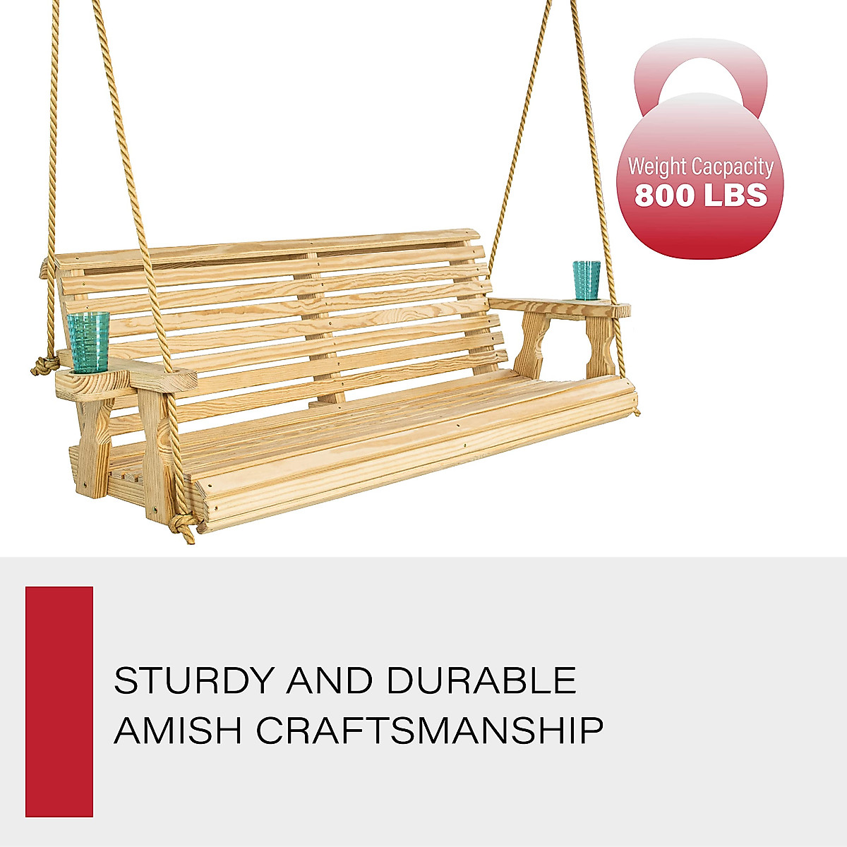 Amish Casual Heavy Duty 800 Lb Roll Back Treated Porch Swing with Hanging Ropes and Cupholders (4 Foot, Unfinished)