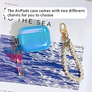 NITITOP AirPods Case Cover with Cute Butterfly Keychain and Pearl Chain, Colorful Luxury Plating Laser Airpod Case for Women Girls Soft TPU Shockproof Protective Cover for Airpods Pro- Blue