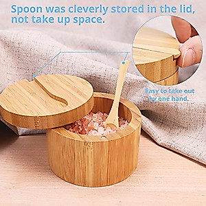 Bamboo Salt Cellar with Mini Spoon by HTB, Kitchen Salt Box with Swivel Magnetic Closure Lid, Round Salt Container to Storage Pepper Spice Bath Salt Sea Salt