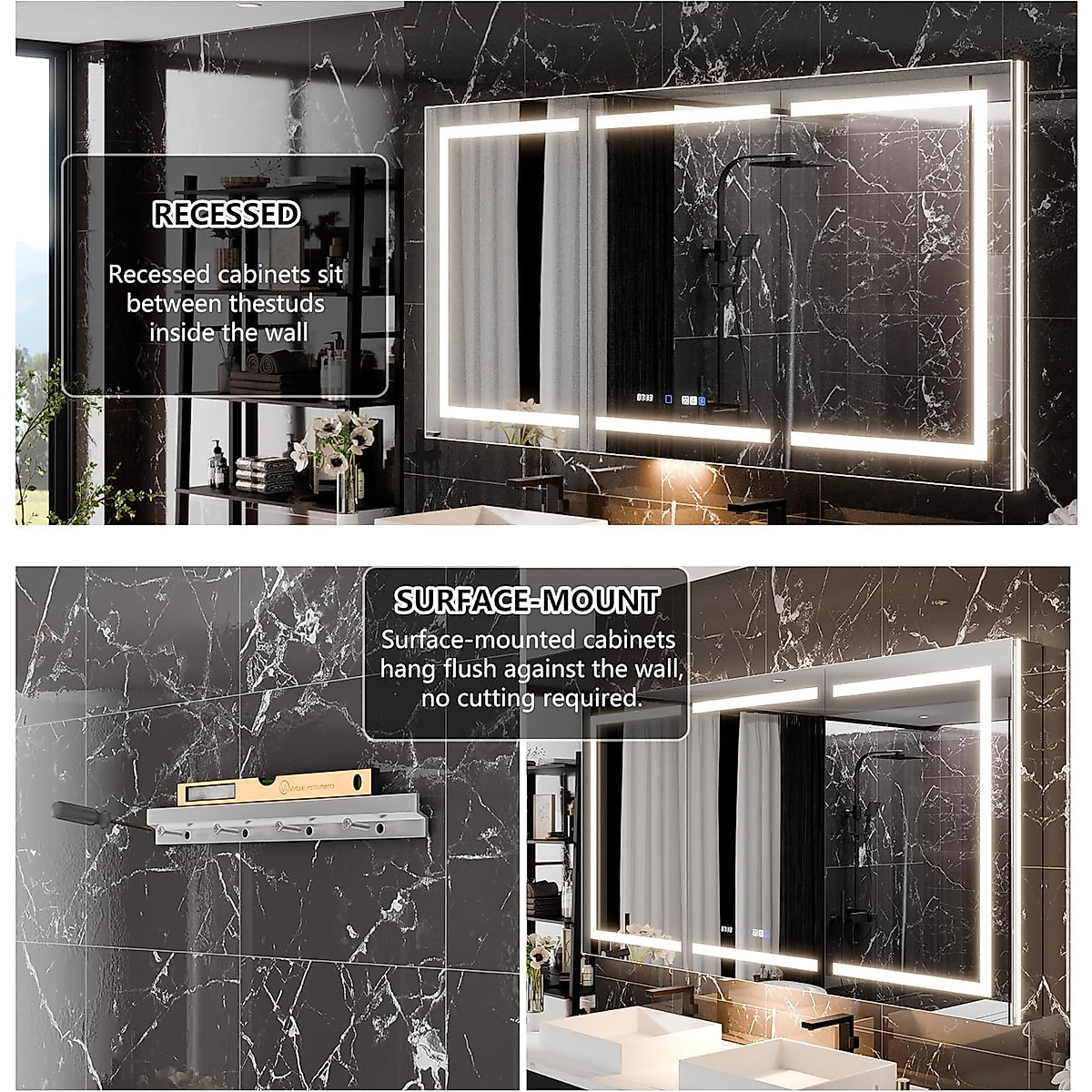 WELERONY Smart Lighted Medicine Cabinet with Mirror, 72" x 36" LED Medicine Cabinet Mirror for Bathroom with Built-in High-Power Outlet, Stepless Dimming & Anti-Fog, Wide Hinge