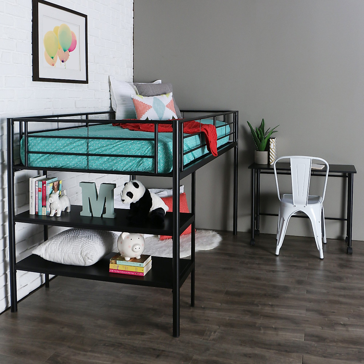 Walker Edison Metal Black Twin Low Loft Bunk Floating Bed Kids Bedroom Storage Guard Rail Ladder Bedframe