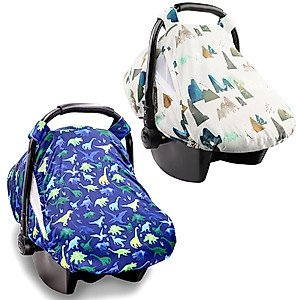 Summer Baby Car Seat Cover, 2 Pack Baby Carseat Cover Boys, Carseat Canopy Newborn, Dinosaur & Mountains Pattern