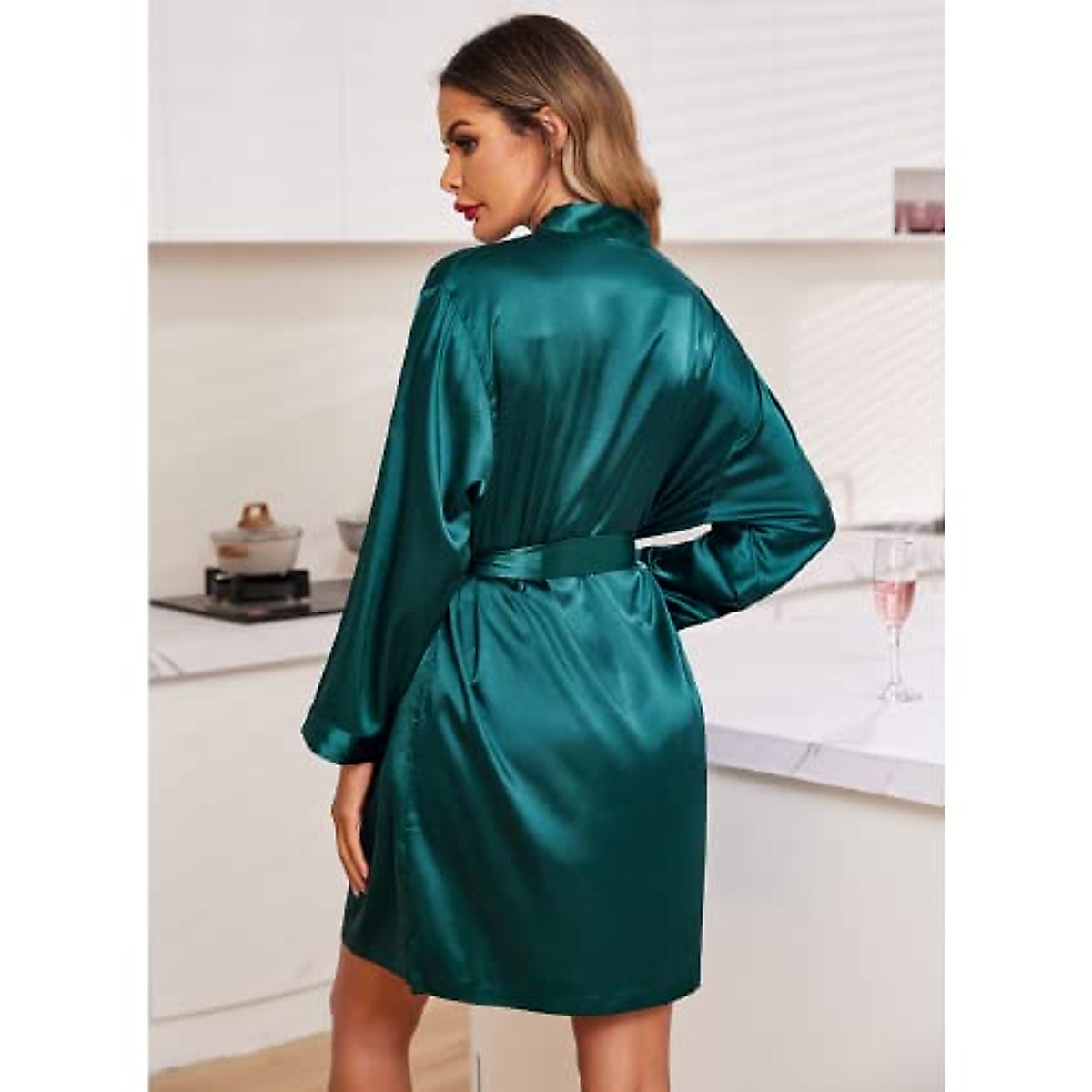 Ekouaer Womens Sleepwear with Robe 3Pcs Satin Silky Pajama Set Sexy Floral Lace Trim Sleepwear Dark Green