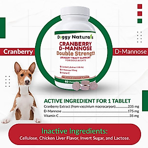 Cranberry D-Mannose for Dogs and Cats Urinary Tract Infection Support Prevents and Eliminates UTI, Bladder Infection Kidney Support, Antioxidant (Double Strength Tablet, 60 Count)