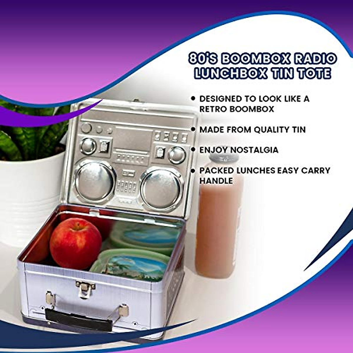 Retro Boombox Radio Lunchbox Tin Tote - 1980s Inspired Merchandise - Novelty Costume Accessories And Storage Container - Fun Unique Gifts for Halloween, Birthdays, Holidays, Graduation