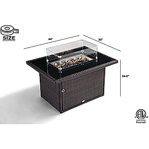 OAKVILLE FURNITURE 44 in Propane Fire Pit Table, 50000 BTU Rectangular Outdoor Gas Fire Pit, Brown Wicker Aluminum Tabletop in Tempered Fire Glass for Outside Patio Garden, Backyard