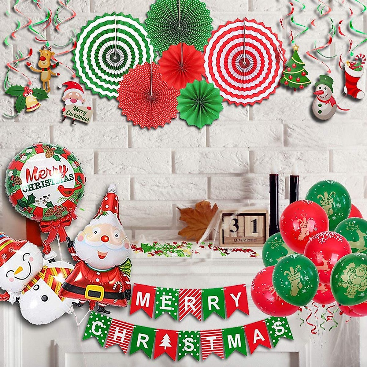Christmas Party Decorations Supplies, 74 pcs Xmas Decorations Set - Including Paper Fans, Hanging Swirls, Photo Booth Props, Balloons, Confetti and Banner