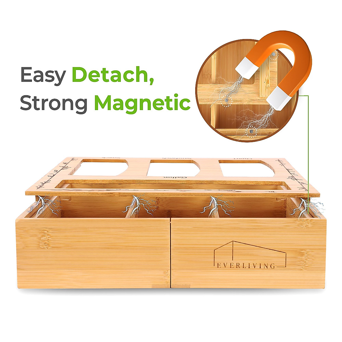 EVERLIVING Bamboo Ziplock Bag Organizer for Drawer & Countertop – Convenient 6-Slot Plastic Bag Organizer – Aluminum Foil Organization and Storage with Cutter – Ziplock Bag Storage Organizer