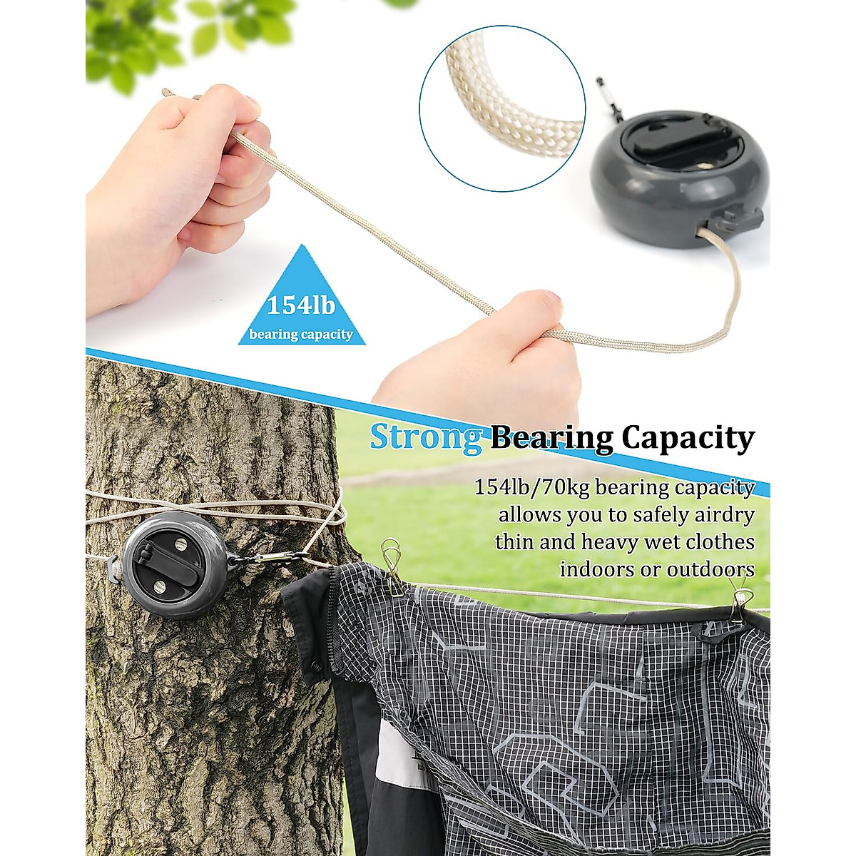 Portable Travel Clothesline, 32.8ft Retractable Clothesline, Camping Clothes Line with 20 Clothespins & 10 Stoppers, Clothes Lines for Hanging Clothes Outside, Indoor or Outdoor (Grey-Black)