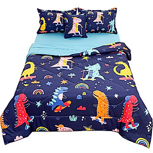 Megamayga Dinosaur Bedding Full Size for Boys 6 Pieces Dinosaur Comforter Set Full for Kids Bed in A Bag Comforter Set with Blue Sheets Stars Rainbow Print 3D Dino Bedding Skateboard Dinosaur Bed Set