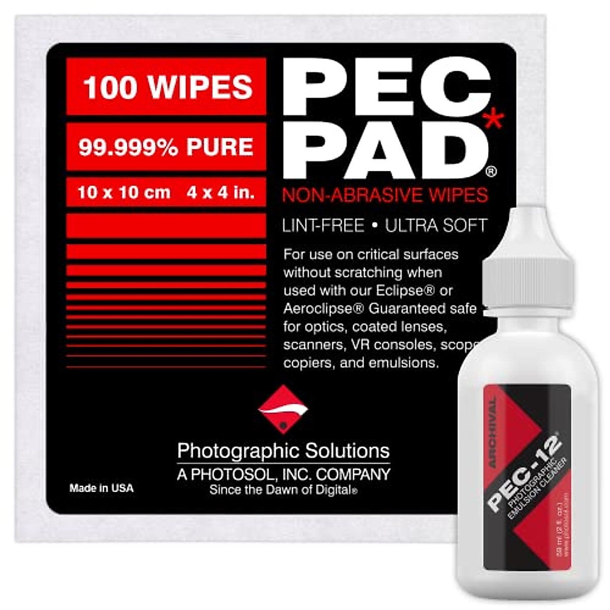 PEC-12 Photographic Emulsion Cleaner Kit and PEC-PAD Lint Free Non-Abrasive Wipes 4"x4" 100 Sheets per/Pkg - for Cleaning Film, Photo Negative, B&W Slide - Dropper Tip (59ml) 2oz