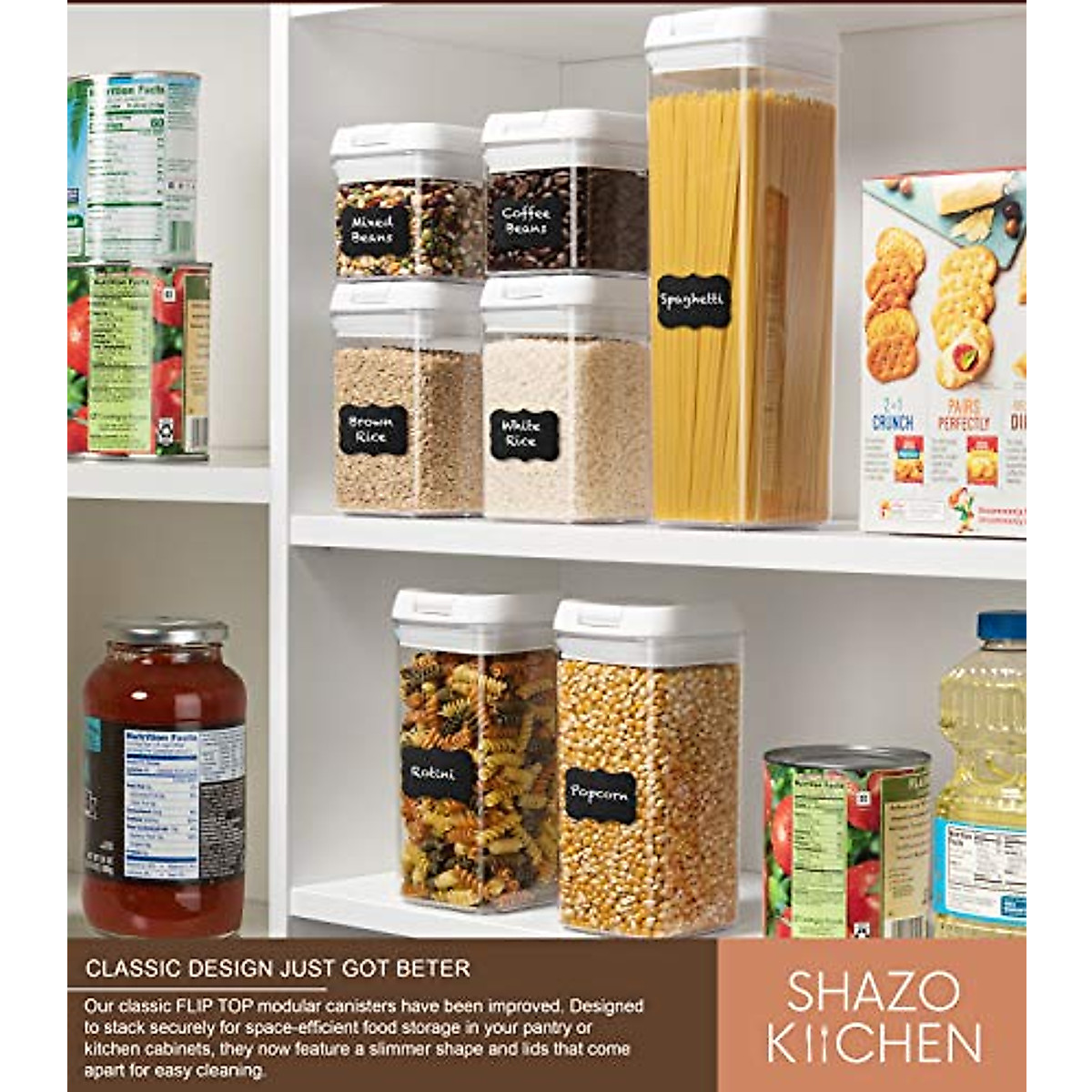 Shazo Airtight Food Storage Containers 7 Piece Set, Pantry Organizer BPA Free Plastic Flour, Pasta Containers with Easy Lock Lids for Kitchen Pantry Organization and Storage Includes Labels & Marker