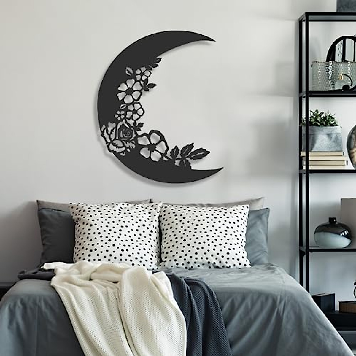Metal Moon Wall Art Decor, Moon Flower Metal Wall Decor, The Moon Wall Art, Metal Wall Art, Metal Wall Decor, Half Moon And Flowers Décor, Kids Room Decoration, Living Room Entryway Wall Hangings (Silver, 15"W x 18"H / 38x45cm)