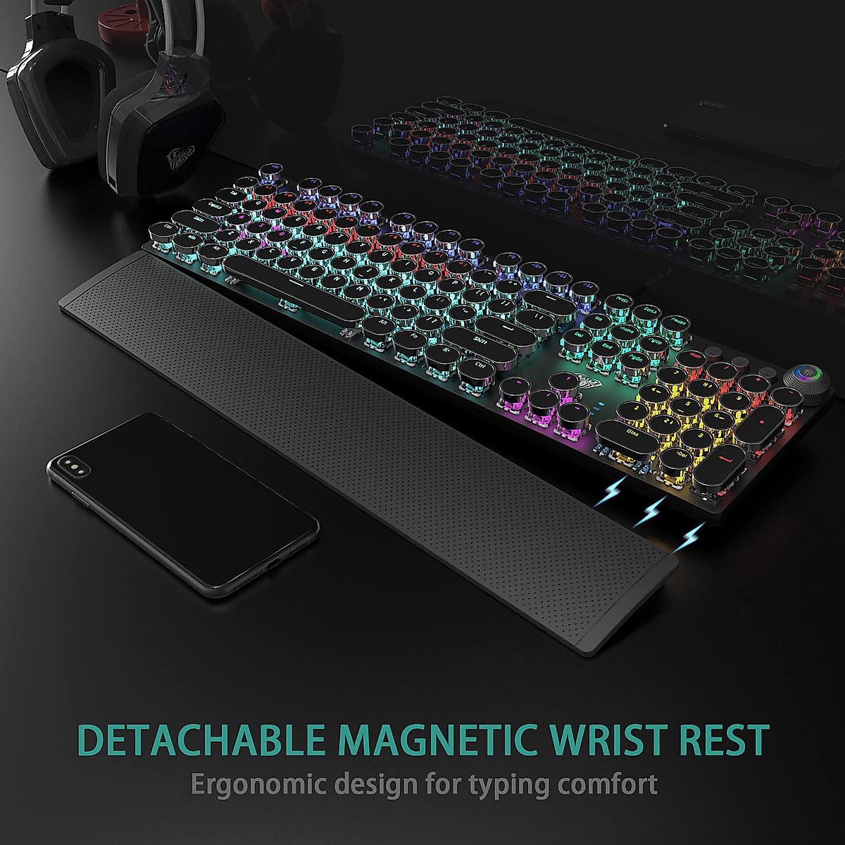 AULA F2088 Typewriter Style Mechanical Keyboard,Rainbow LED Backlit,Tactile Brown Switches,Removable Wrist Rest,Media Control Knob,Retro Round Keycaps,USB Wired PC Game Keyboard