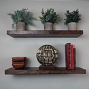 Willow & Grace Tom 24-Inch Display Decor Floating Wood Shelves with Iron Corners for Kitchen, Bedroom, & Living Room Spaces, Dark Walnut (4 Pack)
