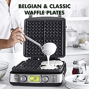 GreenPan Elite 4-Square Belgian & Classic Waffle Iron, Healthy Ceramic Nonstick Aluminum Dishwasher Safe Plates, Adjustable Shade/Crunch Controls, Wont Overflow, Easy Cleanup Breakfast, Black