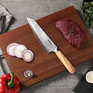 JOMIVIC Damascus Chef Knife Super Steel 8 inch Japanese Kitchen Knife with Wood Handle Razor Sharp Edge Knife with Gift Box and Cleaning Cloth Cooking Knife for Meat, Vegetables, Fish