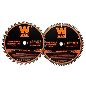 WEN BL1232-2 12-Inch 32-Tooth and 80-Tooth Carbide-Tipped Professional Woodworking Saw Blade Set, Two Pack