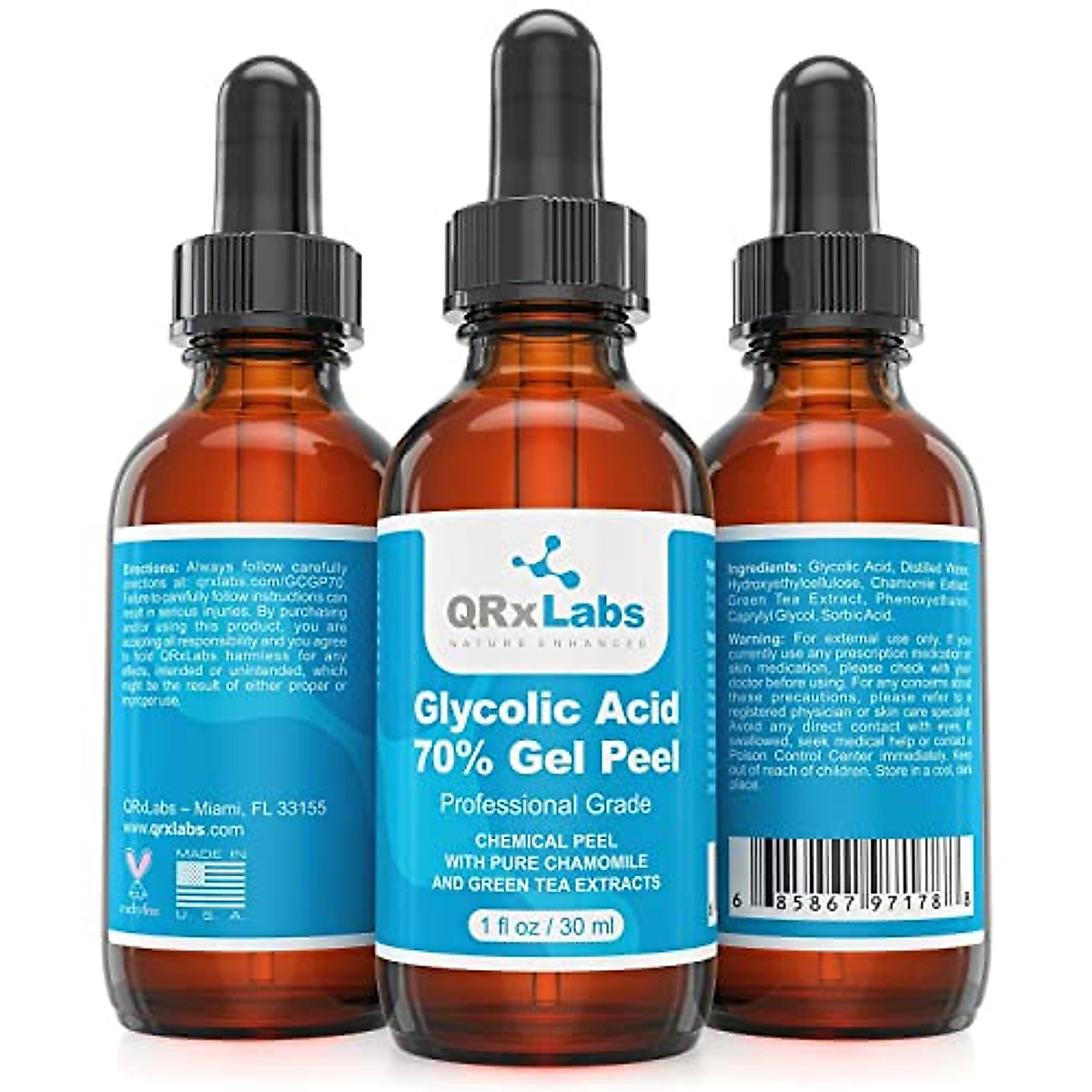 Glycolic Acid 70% Gel Peel with Chamomile and Green Tea Extracts - Professional Grade Chemical Face Peel for Acne Blemishes, Collagen Boost, Wrinkles, Fine Lines - Alpha Hydroxy Acid - 1 Bottle of 1 fl oz