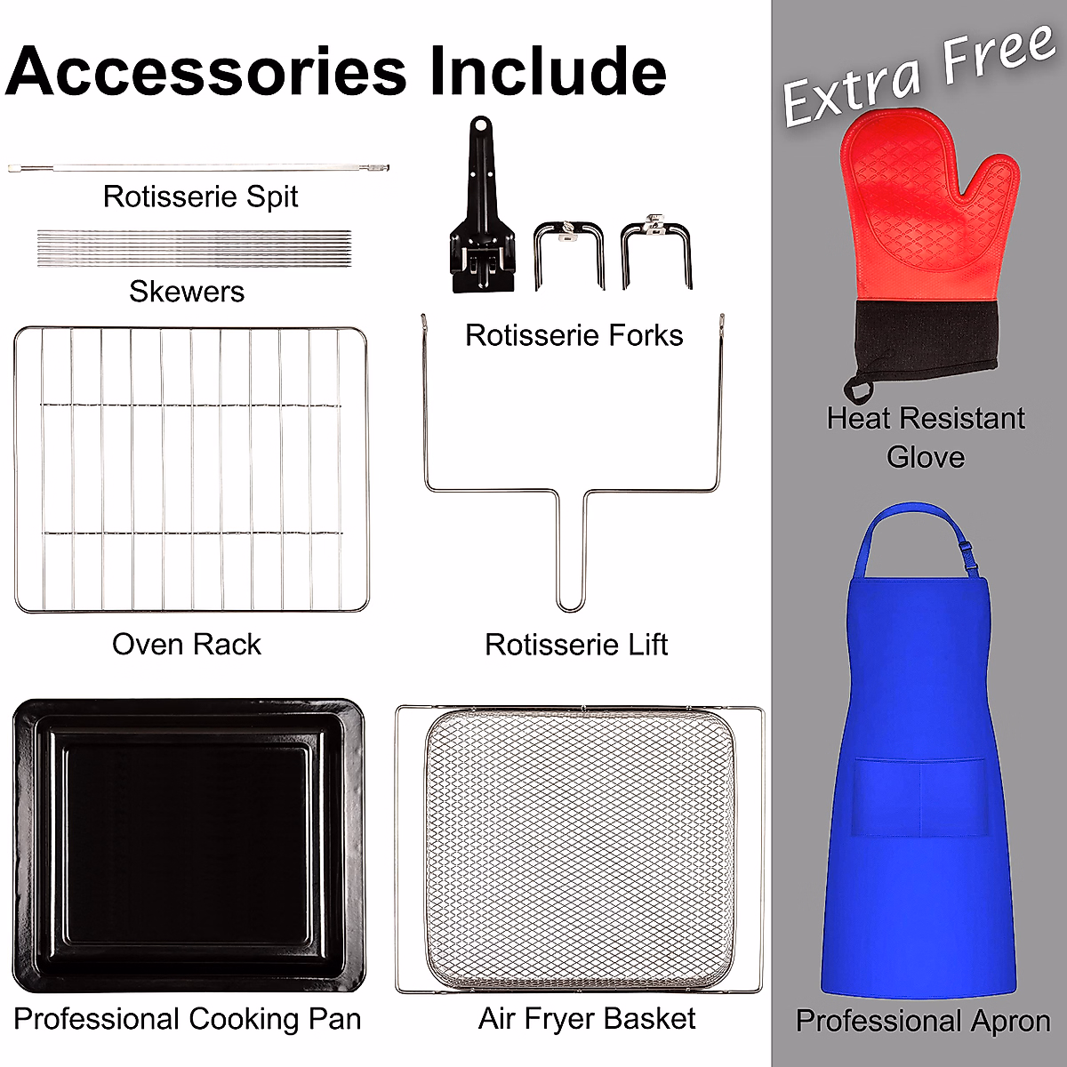 EUROTO Stainless Steel Large Capacity 26.8 QT Air Fryer Oven, 24 in 1 Multi-function, 360 Air Circulation Toaster Oven, LCD digital Display, 4 Layer Shelves, Included Oven Gloves & Apron Up to 450°F