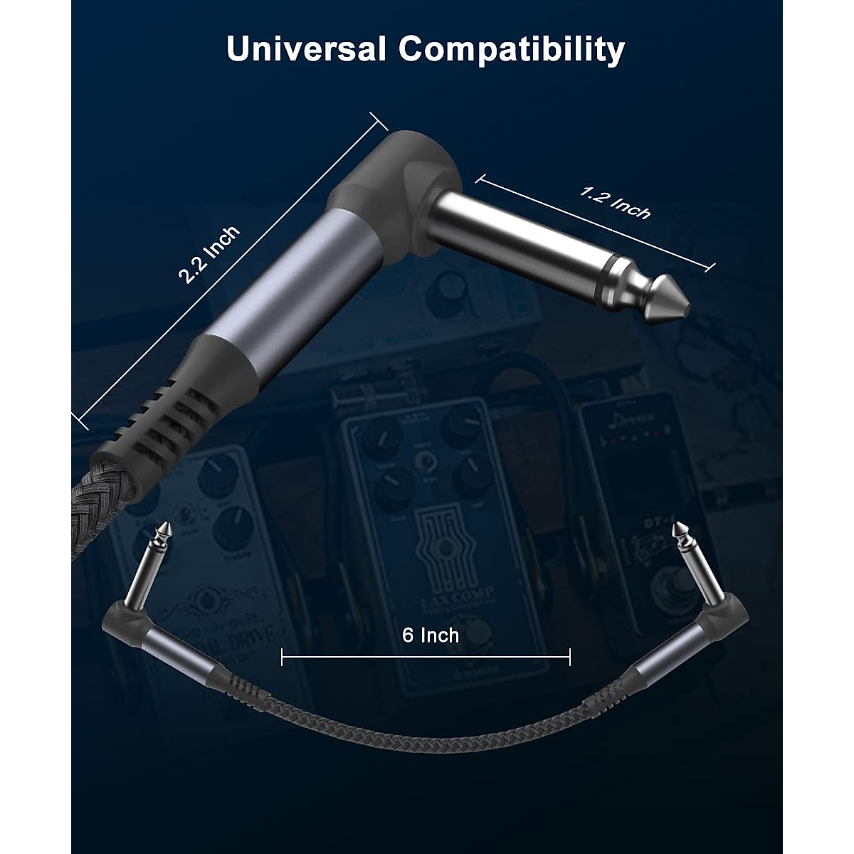 Elebase Guitar Pedal Patch Cables 6-Pack, 6 Inch 6.35MM Effects Pedal Board Cord 1/4'' Right-Angle Braided Flat Audio Cable Shielded TS Copper Male Connector for Microphone Amp/Amplifier Mixer