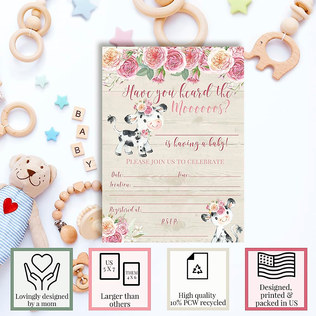 Watercolor Pink Floral Cow-Themed Baby Sprinkle Shower Invitations, 20 5x7 Fill In Cards with Twenty White Envelopes by AmandaCreation