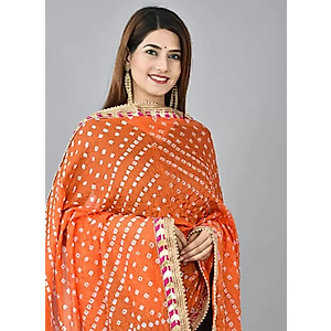 SAHIBA Handicraft India Women's Tafeta Silk Dupatta Bandhani Bandhej Jaipuri Rajasthani Dupatta (Orange), 2.25 Meters ( 88 x 42 Inches)