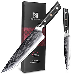 ZongChuan 8C Damascus Kitchen Knife Set 2pc,8" Chef Knife and 5.5" Utility Knife,High Carbon Stainless Steel,5-Star Sharp Standard,Black Ergonomic G10 Handle,Love's Gift Box