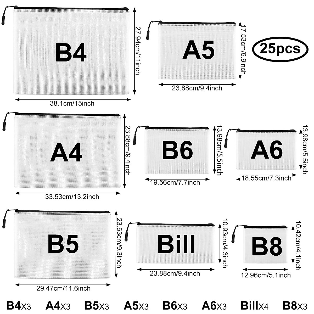 25pcs Multisize Mesh Zipper Pouch Bags, Waterproof Zipper Bags, 8 Sizes Waterproof Plastic Document Pouch, Bags for Travel Storage, Office Supply and Home Organize