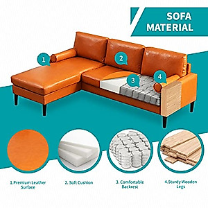 BALUS Faux Leather Sofa Couch | L Shaped Mid-Century Couch with Bolster Pillows | Chaise Lounge Indoor | Cognac Tan Sectional Furniture for Living Room Apartment