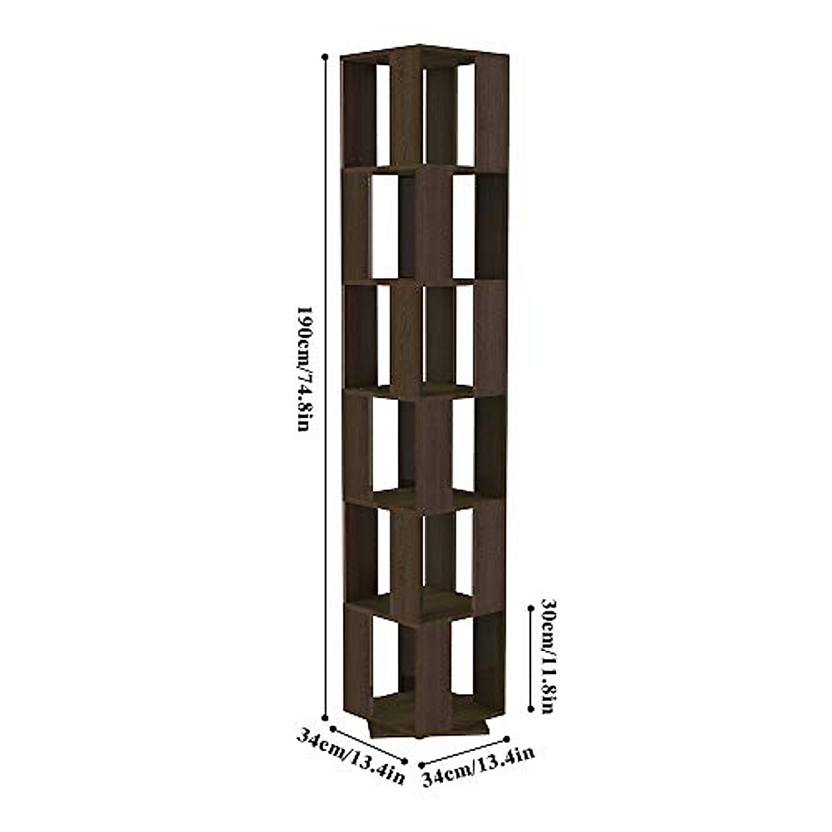 QIHANG-US 6 Tier Wooden Bookcase Corner Tall Book Shelf Modern 360° Rotating Storage Display Rack Floor Standing Shelves with Open Design Shelving Unit for Home Office Living Room Study, Black Walnut