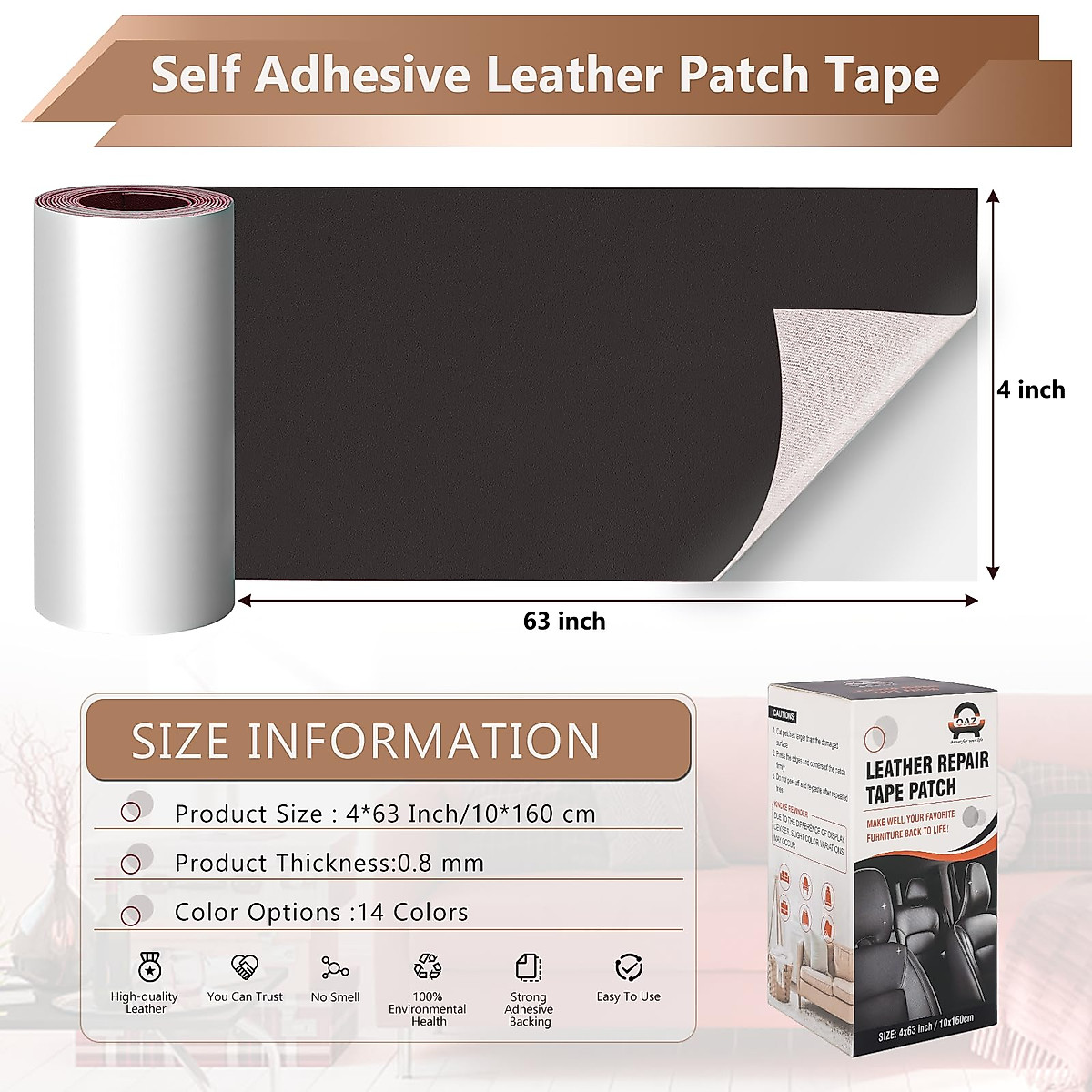 4X63 inch Self Adhesive Leather Repair Patch Tape, Leather Repair Kit for Furniture Sofa Car Seat Couch (Dark Coffee)