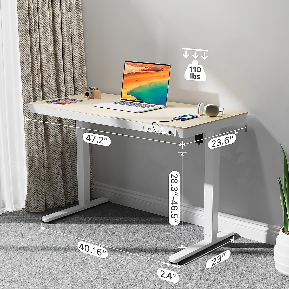 JYLH JOYSEEKER Electric Standing Desk with Drawers, Whole Piece 48 Inches Adjustable Height Desk, Modern Sit Stand Up Desk,Ergonomic Rising Desk for Home Office Workstation, Light Wood