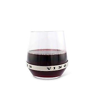 Vagabond House Pewter Band In Vino Veritas Stemless Red Wine Glass 4 inch Tall