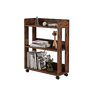 MIN WIN 3 Tier Open Bookshelf,Small Bookshelves Storage Display Shelf with Universal Wheels,Movable Standing Shelf Units,Wood Storage Rack for Small Spaces Home Office Bookcases Book Shelves,Antique