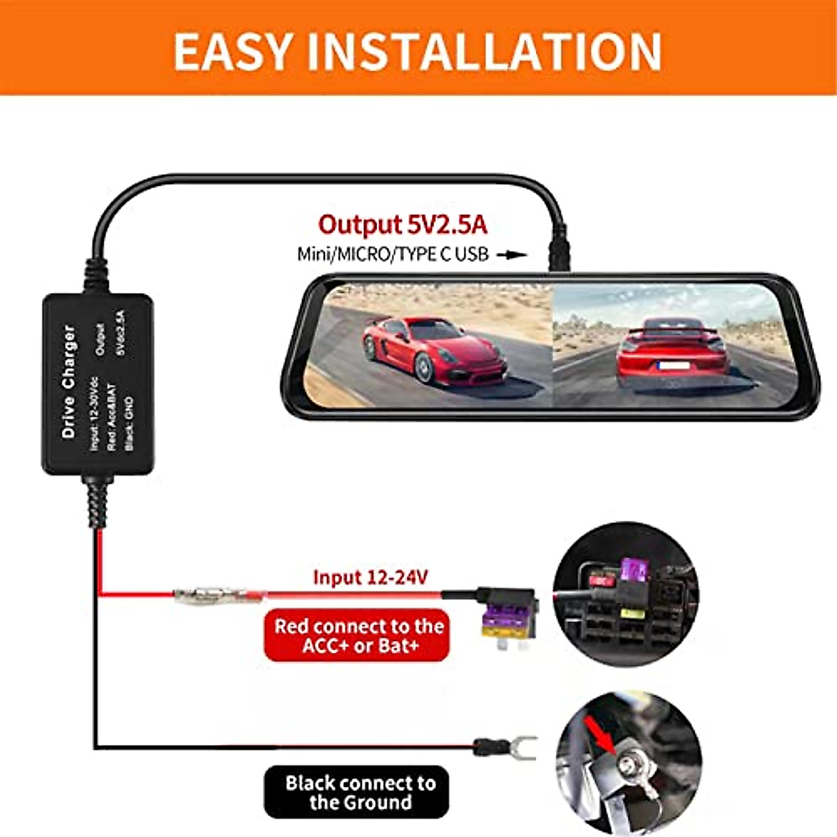 Dash Cam Hardwire Kit, Mini USB Hard Wire Kit for Dashcam, Car Dash Camera Power Cord, for Mirror Cam GPS Navigator Radar Detector (Micro)