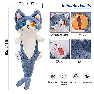 OOPSHANA Lovely Plush Shark Cat Doll Cute Cartoon Soft Stuffed Shark Kitten Pillow Long Throw Sleeping Pillow Doll Toy Gift for Kids Girlfriend,19.7/33/53Inches