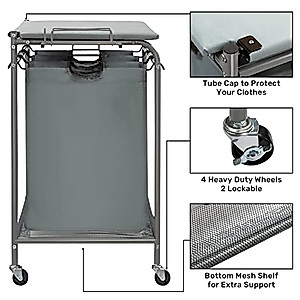ALIMORDEN Rolling Laundry Sorter Cart with Wheels and Lid 240l Heavy Duty Laundry Hamper Sorter Basket 3 Section Room Organizer with Ironing Board and Iron Rack Blue Grey