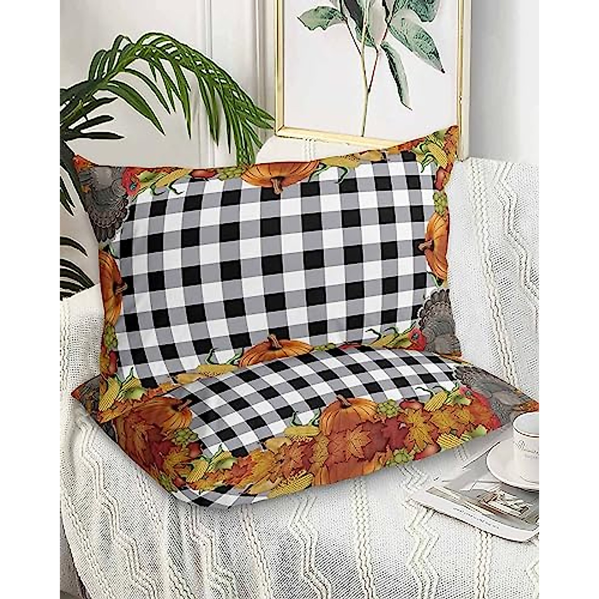 Thanksgiving Pillow Covers Standard Size Set of 2 Bed Pillow, Black White Plaid Turkey Farmhouse Pumpkin Maple Leaf Plush Soft Comfort for Hair/ Skin Cooling Pillowcases with Envelop Closure 20''x26''
