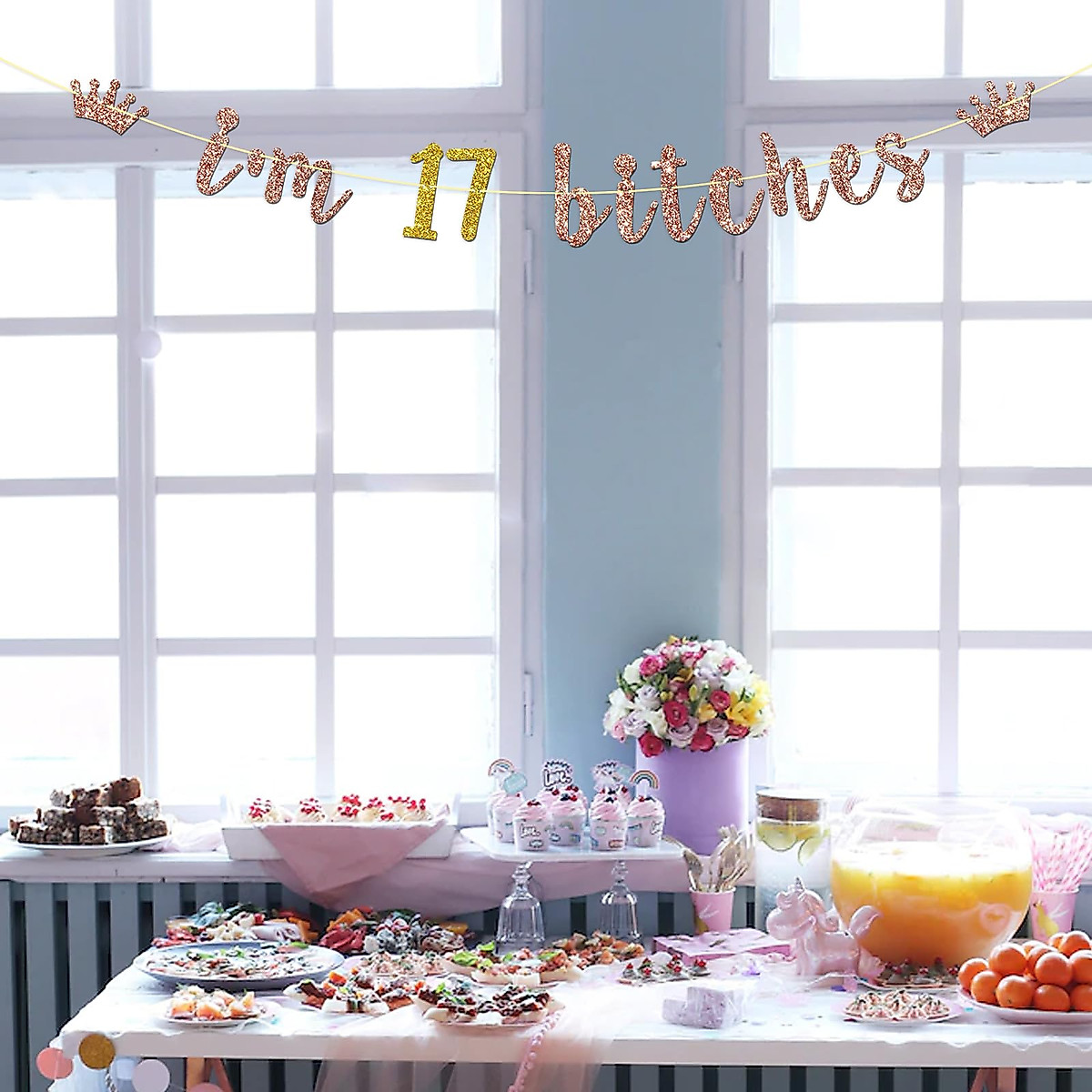 I'm 17 Bitches Banner, 17th Birthday Party Decor, Funny Seventeen Years Old Birthday Banner, Girl's 17th Birthday Party Decorations (Rose Gold)
