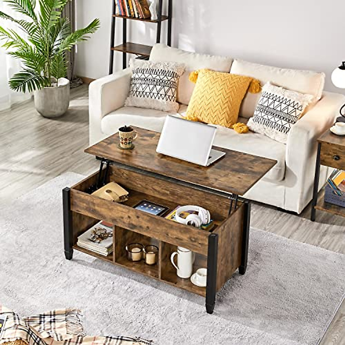 Yaheetech Lift Top Coffee Table with Hidden Compartment & Shelf, Lift Tabletop Dining/Center Table for Living Room Reception, Rustic Brown, 41inch L