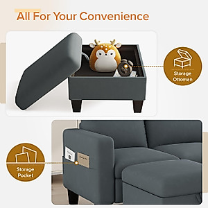 ZeeFu Convertible Sectional Sofa Couch,Classic 3 Seat L-Shaped Sofa with Movable Ottoman, Modern Dark Grey Velvet Fabric Upholstered Small Sectional Sofa Couch for Small Apartment Living Room Office