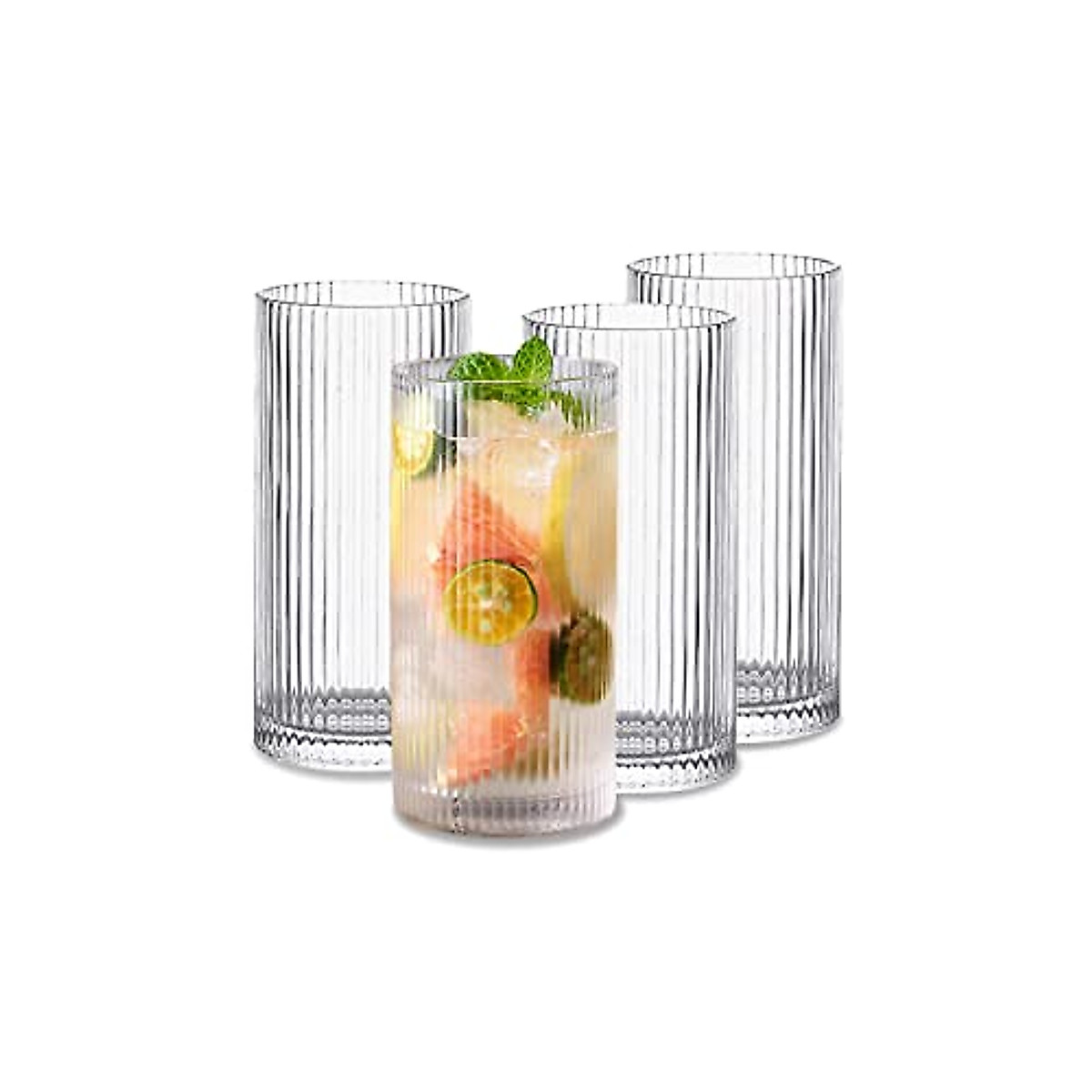 INSETLAN Glass Cups Vintage Glassware Set of 4 Large, Origami Style Transparent Cocktail Glasses Set, Bar Beverages Ice Coffee Cup Juice Ripple Drinkware, 450ml (L)