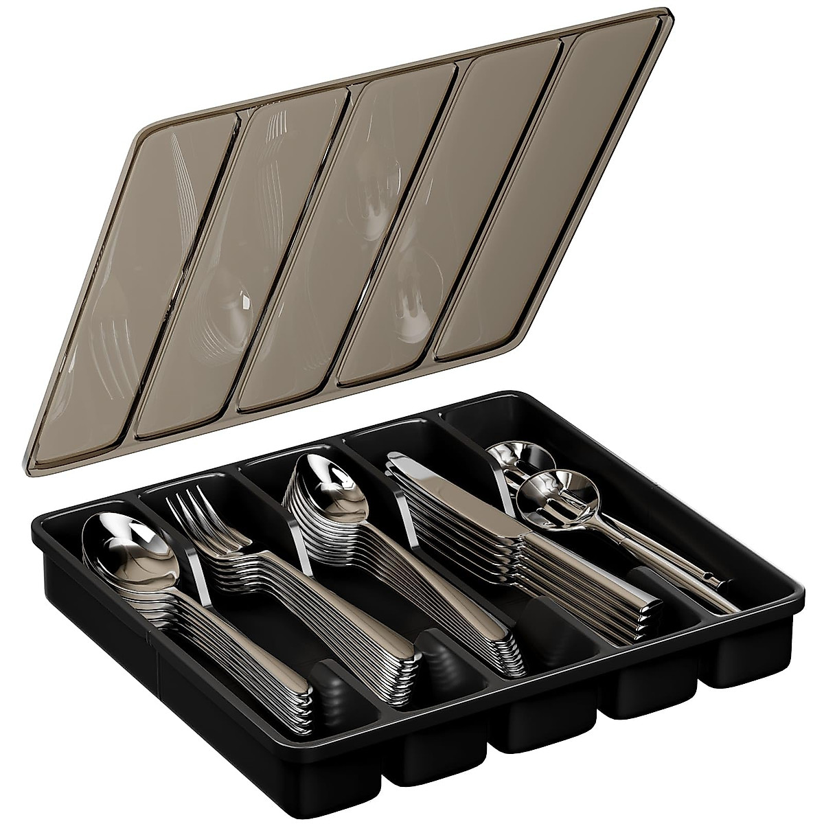 JUNLIN Silverware Organizer with Lid for Drawer Storage, Flatware Tray for Kitchen Countertop, Plastic Utensil Holder Cutlery Tray for Knives, Forks, Spoons (6 Slots)