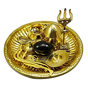 Creativegifts Shaligram Shiva Ling Lingam Shivling Statue Hindu Puja Brass Stand with Thali