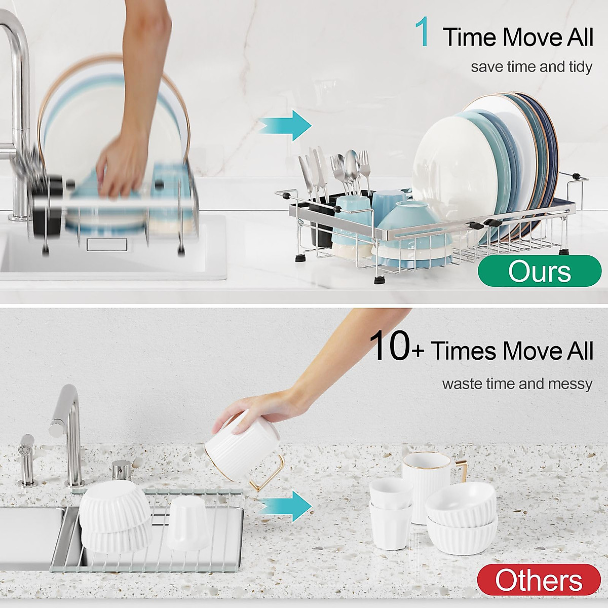 GSlife Expandable in Sink Dish Drying Rack - Stainless Steel Capacity Adjustable Over The Sink Dish Rack (10.8''-17.9''), Dish Drainer for Kitchen Sink Counter with Utensil Holder, Silver